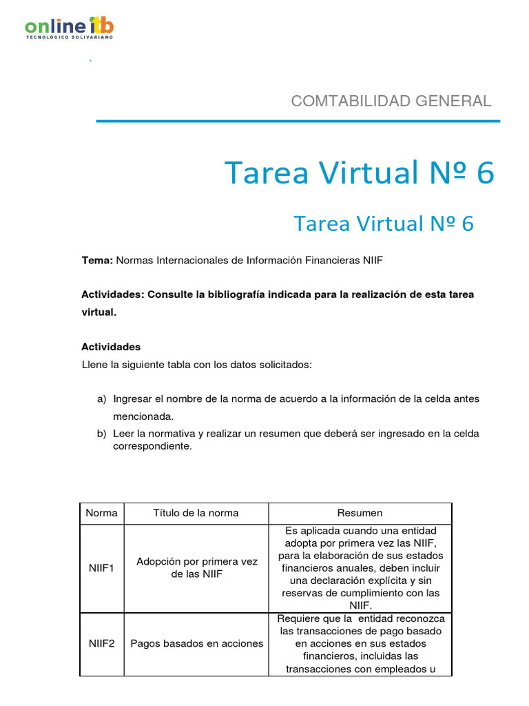 Tarea Virtual 6 | PDF | normas internacionales de INFORMACION FINANCIERA | Estado financiero
