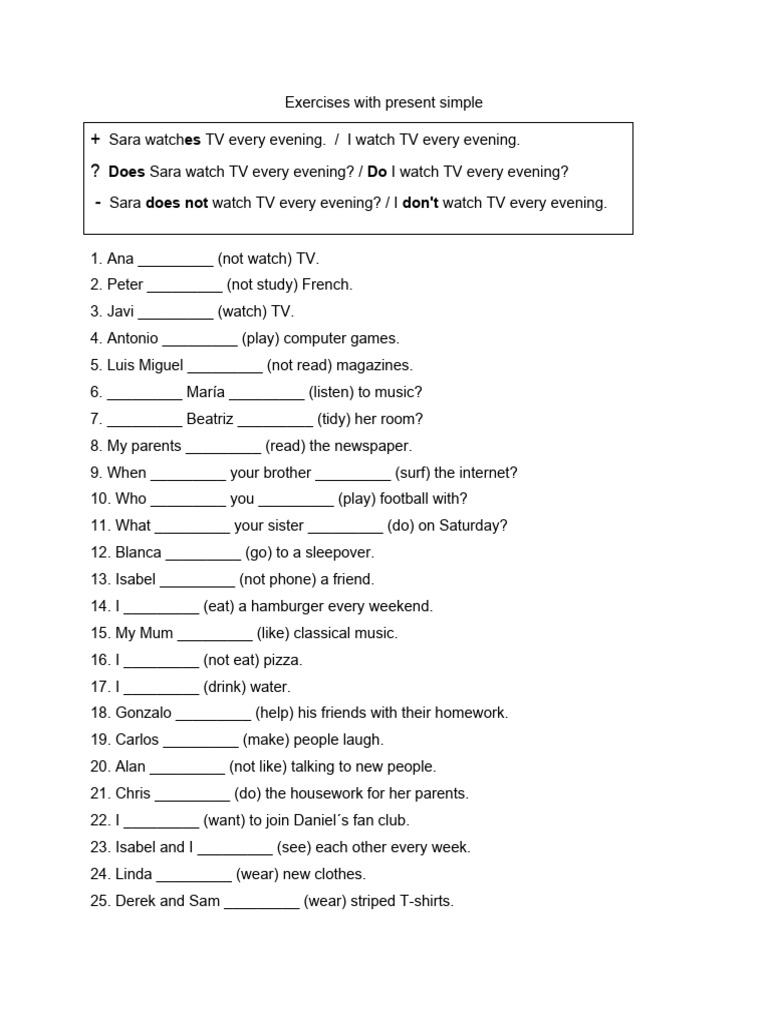 Exercises With Present Simple | PDF