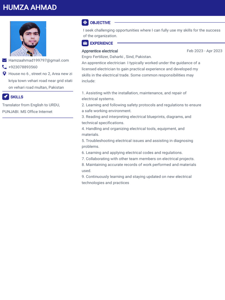 Humza Ahmad CV-1 | PDF | Electrician | Safety