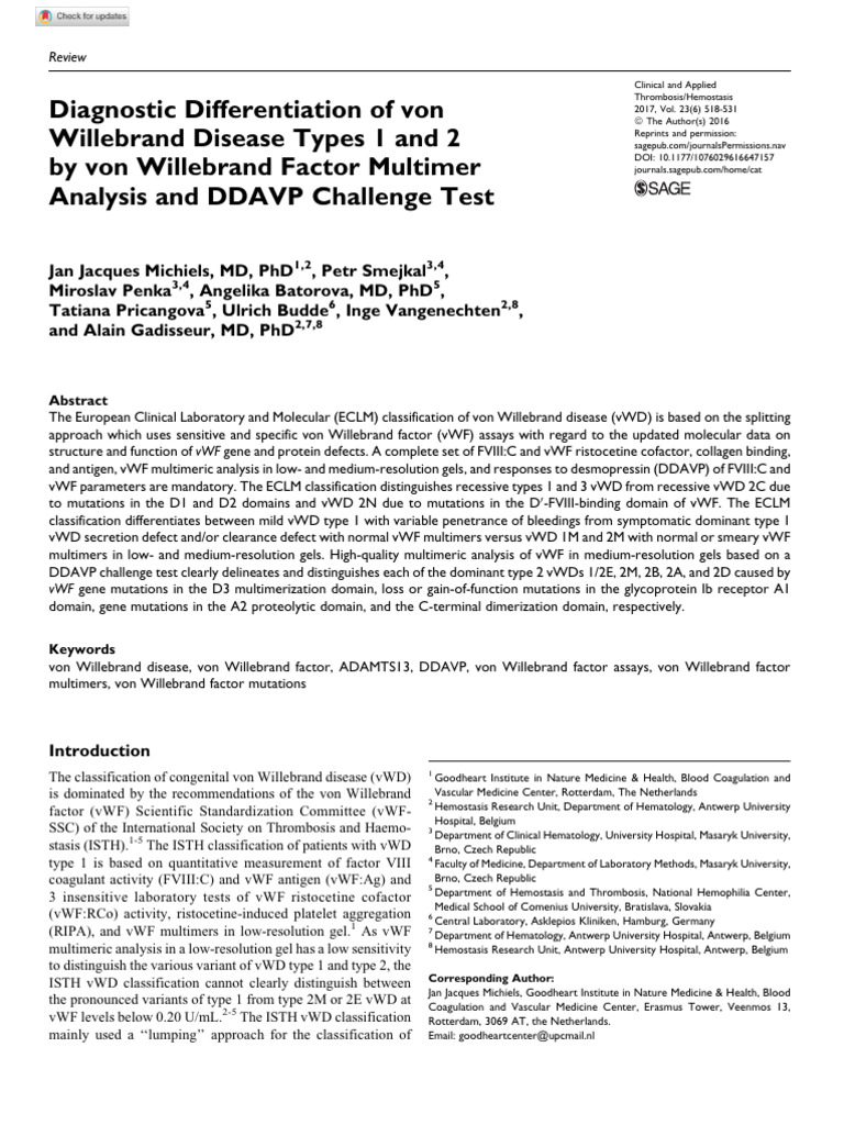 Michiels Et Al 2016 Diagnostic Differentiation of Von Willebrand ...