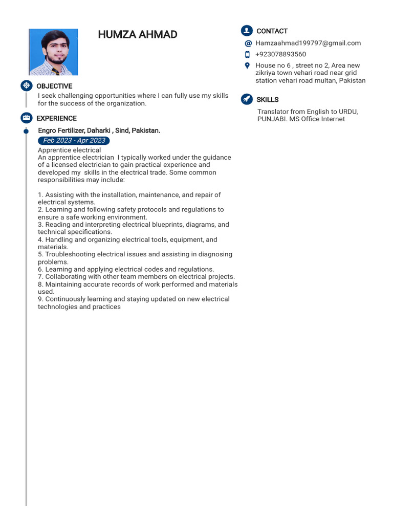 Humza Ahmad Old CV | PDF | Electrician | Safety