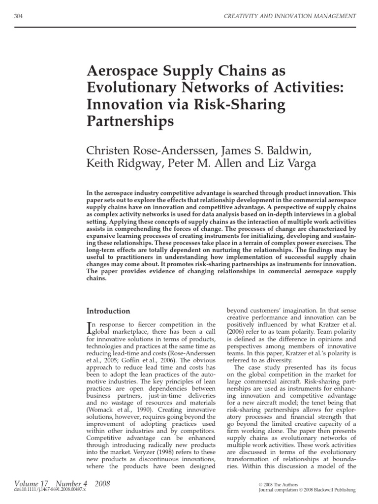 Aerospace Supply Chains As Evolutionary Networks Of Activities Innovation Via Risk Sharing