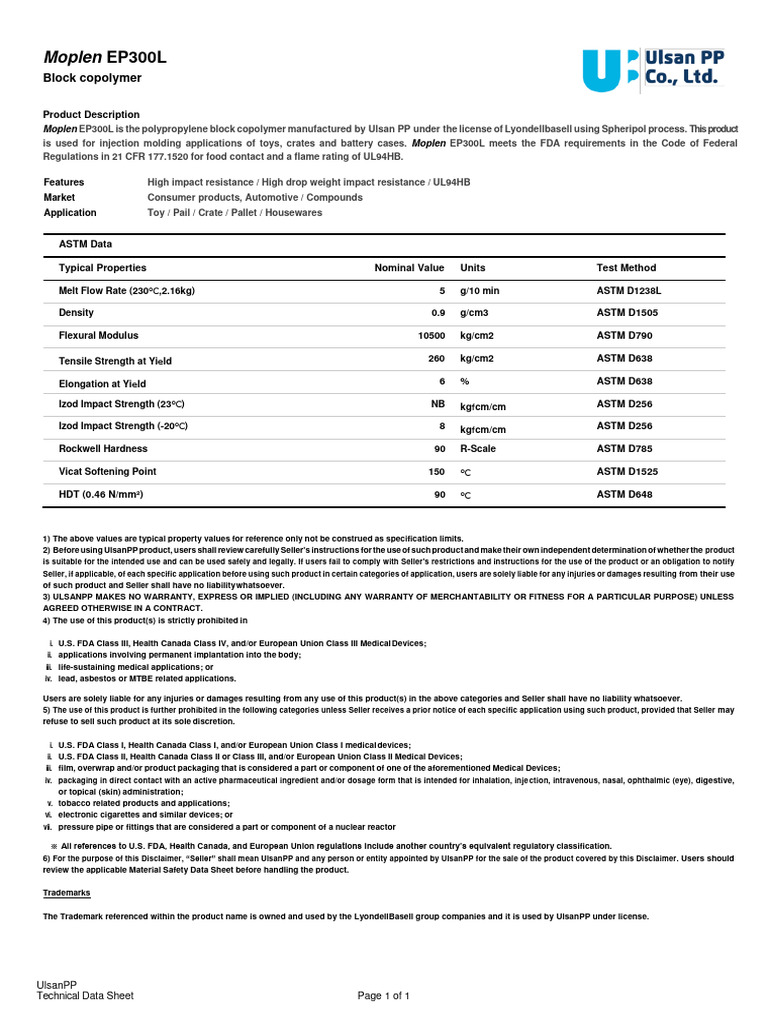 FICHA TECNICA POLIPROPILENO MOPLEN EP300L (J440) | PDF | Medical Device | Food And Drug ...