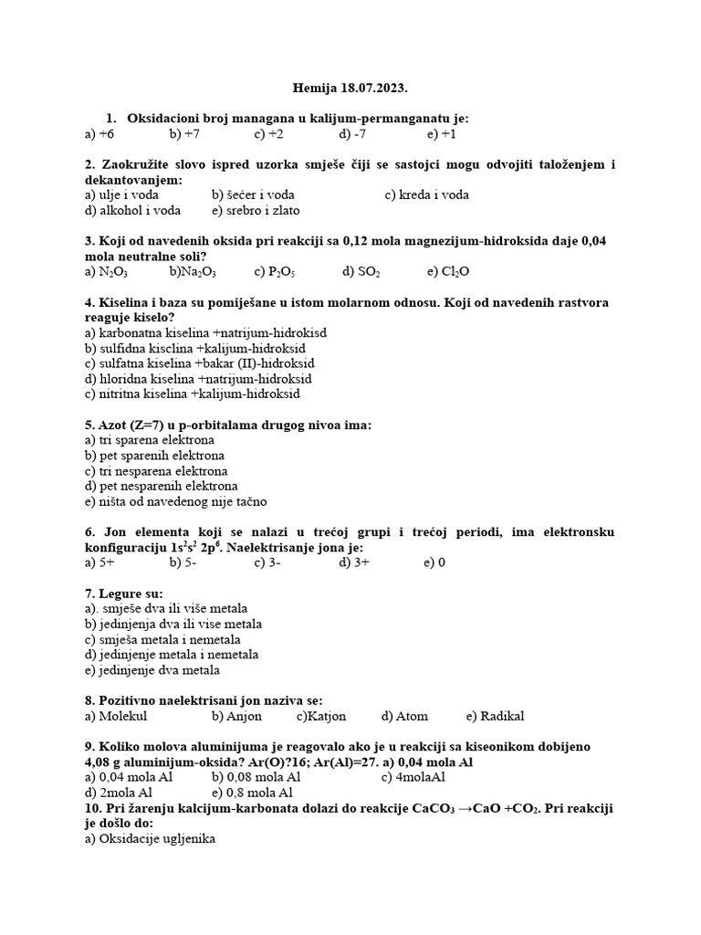 Hemija 18.07.2023. | PDF