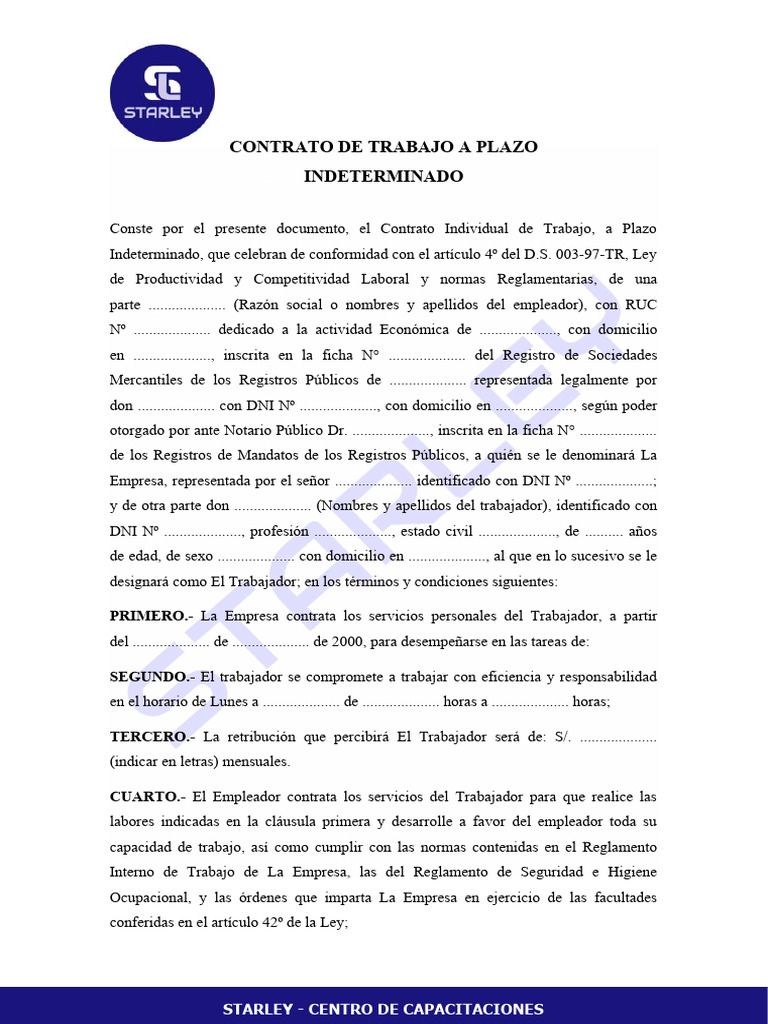 Contrato de Trabajo A Plazo Indeterminado | PDF | Derecho laboral | Documento de identidad