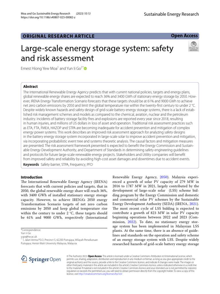 Large-Scale Energy Storage System: Safety and Risk Assessment | PDF ...