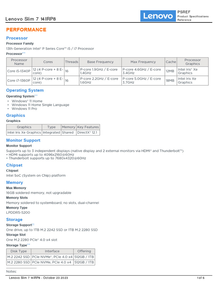 Lenovo Slim 7 14IRP8 Spec | PDF | Usb | Computing