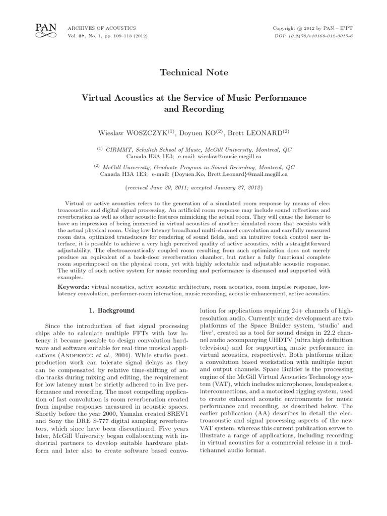 Virtual Acoustics at The Service of Music Performance and Recording ...