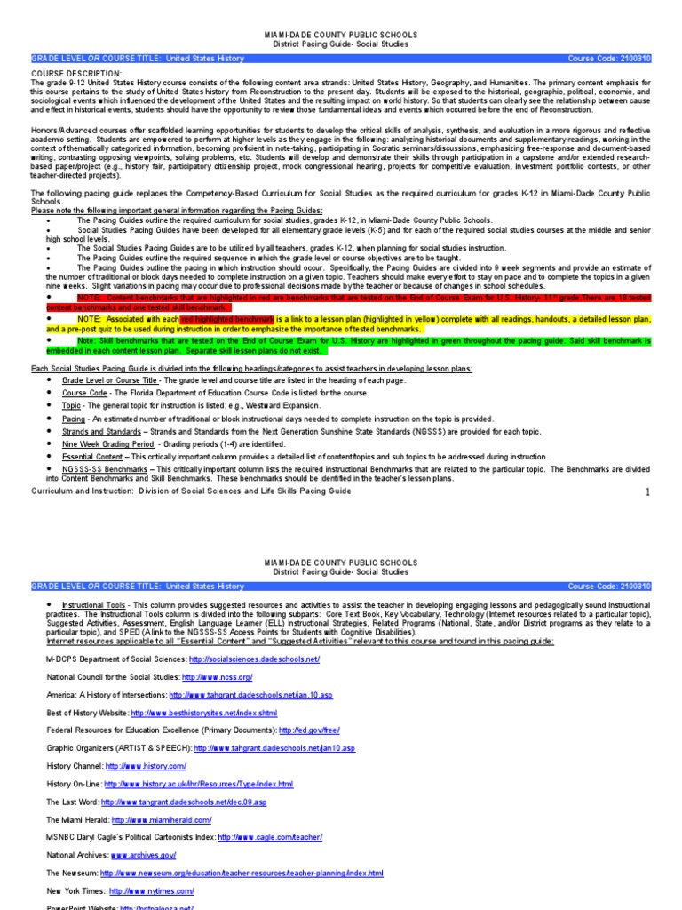 11th Grade U.S. History NGSSS-SS Pacing Guide 1st 9 Weeks | PDF ...