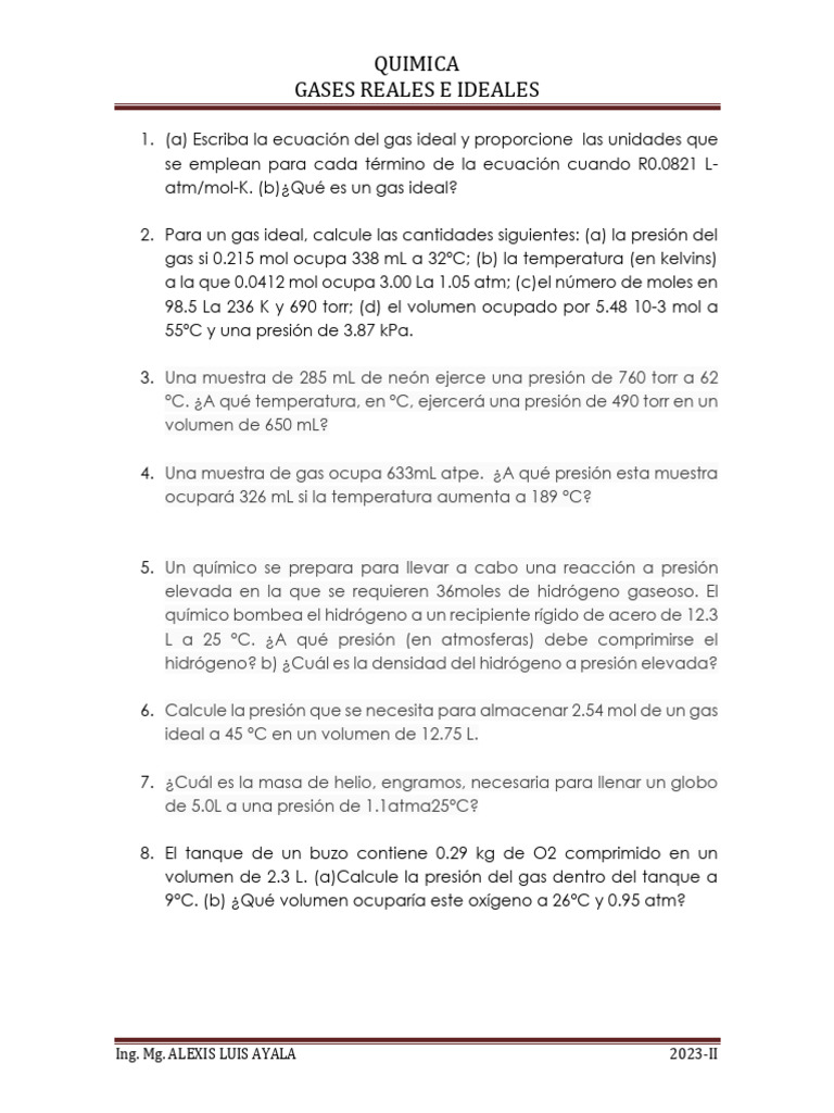 Ejercicios Gases Ideales y Reales | PDF | Gases | Mole (Unidad)