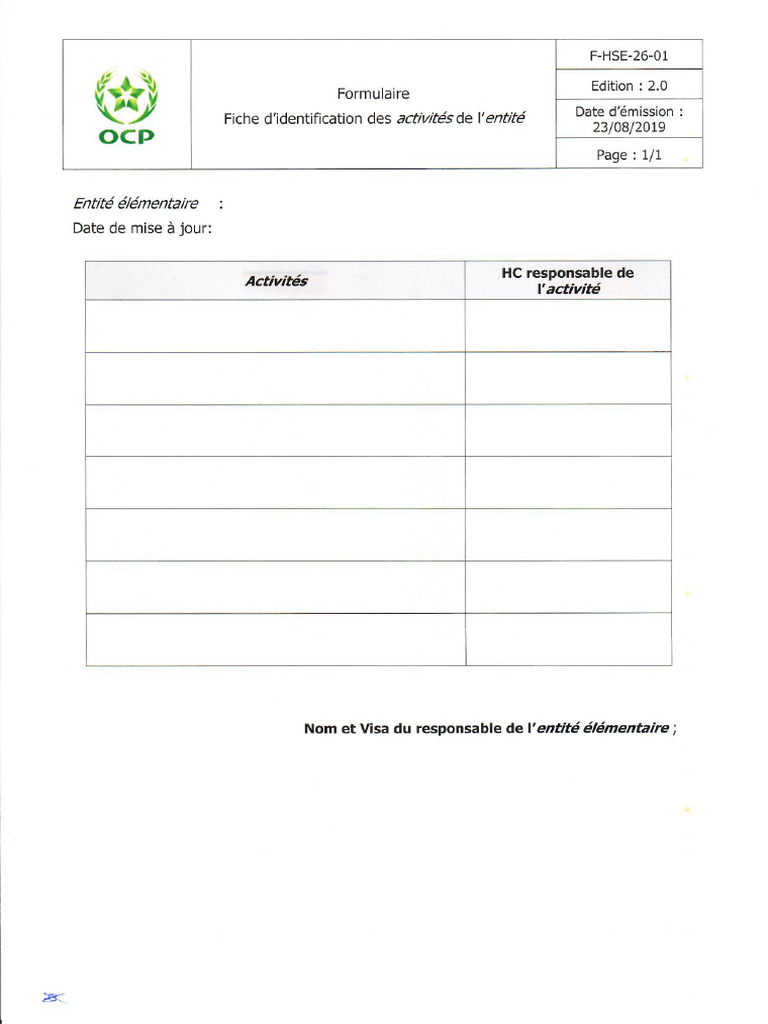 F-HSE-26-01 Formulaire Fiche D'identification Des Activités de L'entité | PDF