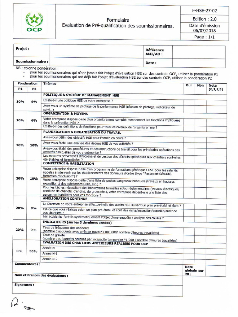 F-HSE-27-02 Formulaire Evaluation de pré-qualification des soumissionnaires | PDF