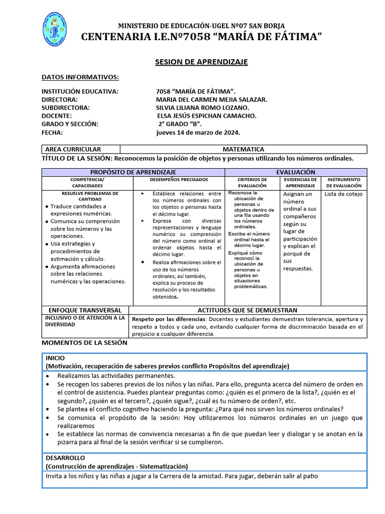 Sesion Numeros Ordinales 2°mary | PDF | Evaluación | Aprendizaje