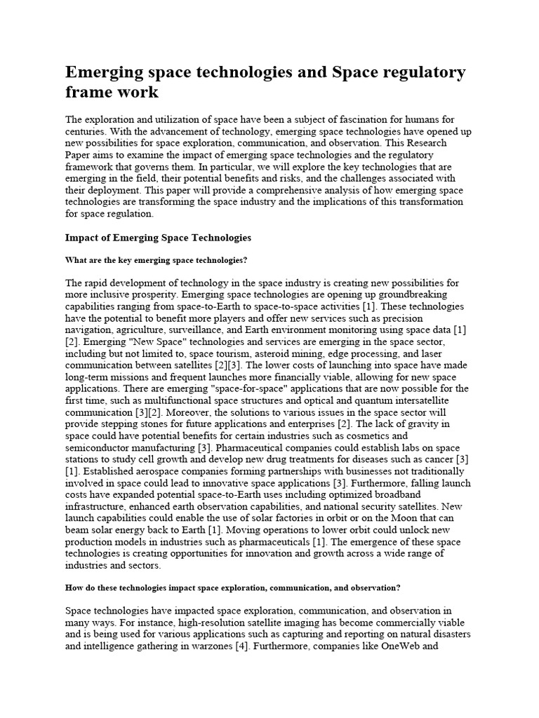 Emerging Space Technologies & Regulations | PDF | Space Debris | Space ...