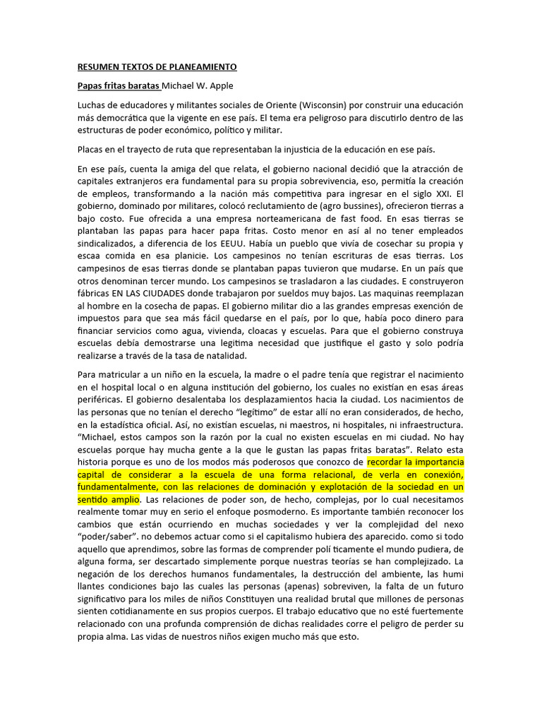 Resumen Textos de Planeamiento | PDF | Enseñando | Escuelas