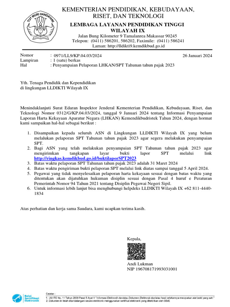 Edaran LHKAN Dan SPT 2024 | PDF