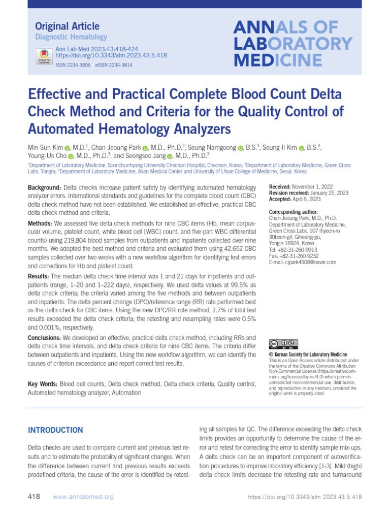 CBC Delta Check Method for Quality Control | PDF | White Blood Cell | Blood