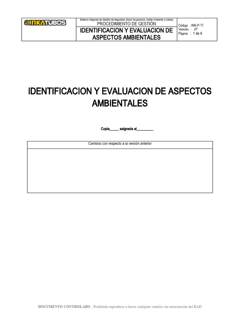 Procedimiento Identificación y Evaluación de Aspectos Ambientales | PDF | Residuos | Entorno natural