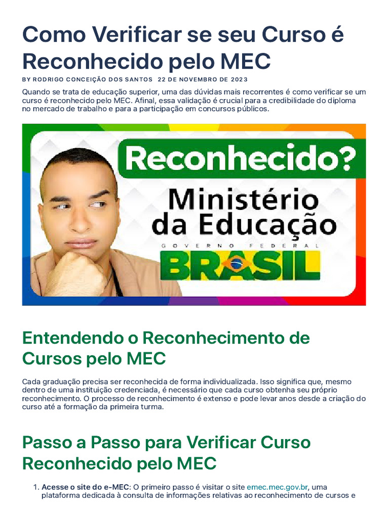 Como Verificar Se Seu Curso é Reconhecido Pelo Mec Pdf Educação à