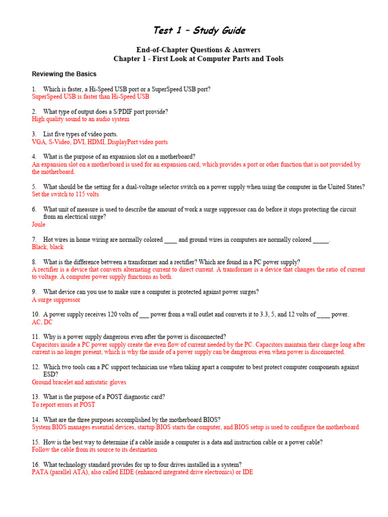 Test 1 - Study Guide | PDF | Bios | Power Supply
