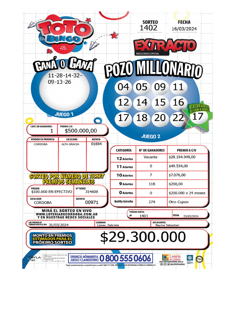 Extracto - TOTO BINGO Sorteo - 1402 | PDF
