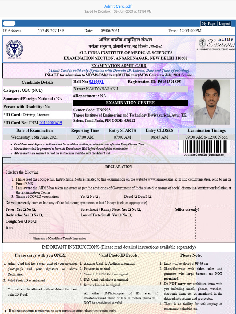 AIIMS MD/MS Exam Admit Card 2021 | PDF | Identity Document | Doctor Of ...