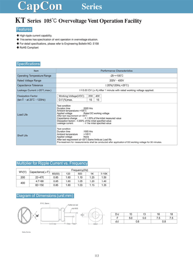CapCon (Radial Thru-Hole) KT Series | PDF