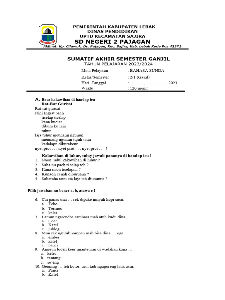 Soal Asas B Sunda KLS 2 SDN 2 PJG 23.24 | PDF