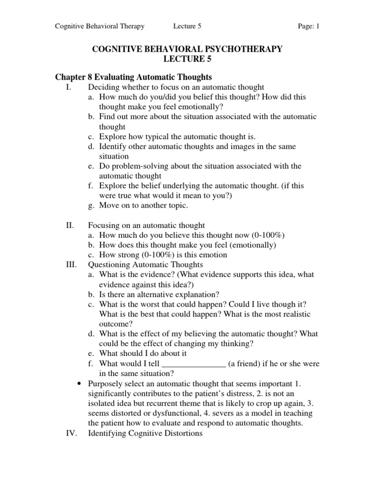 Evaluating Automatic Thoughts in CBT | PDF | Cognitive Behavioral ...