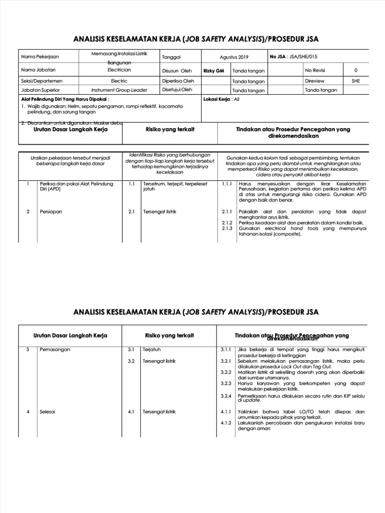 PDF Jsa Pemasangan Instalasi Listrik Compress | PDF