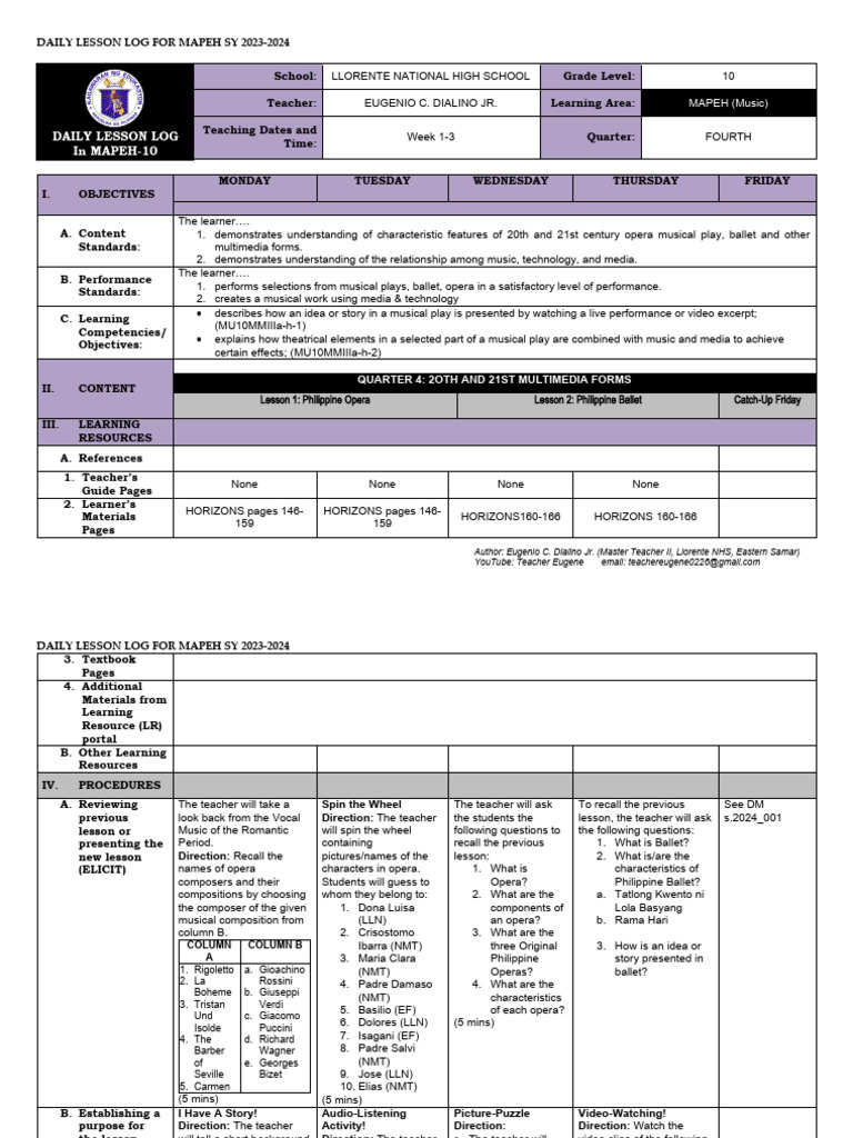 Q4 DLL-MAPEH 10 - Music-Wk1-3 | PDF | Opera