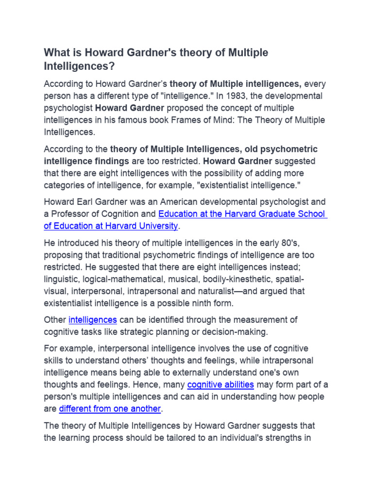 Gardner's Multiple Intelligences Theory | PDF | Intelligence | Behavior Modification