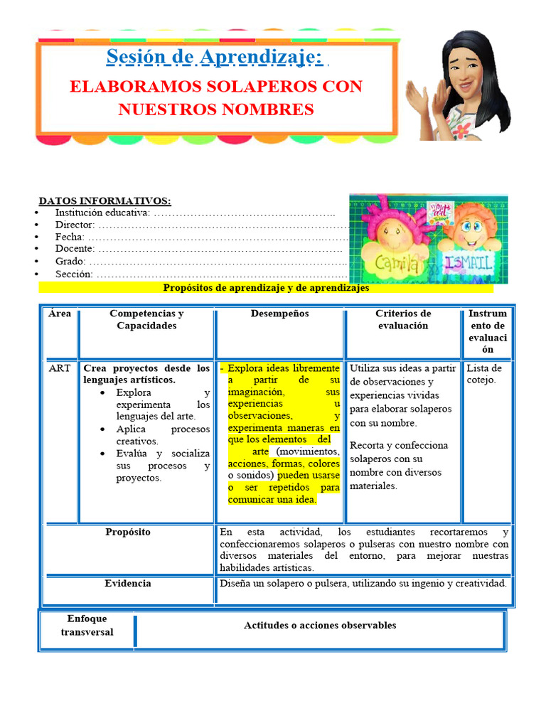 1° Sesión Día 5 Art Elaboramos Solaperos Con Nuestros Nombres | PDF | Aprendizaje | Pulsera