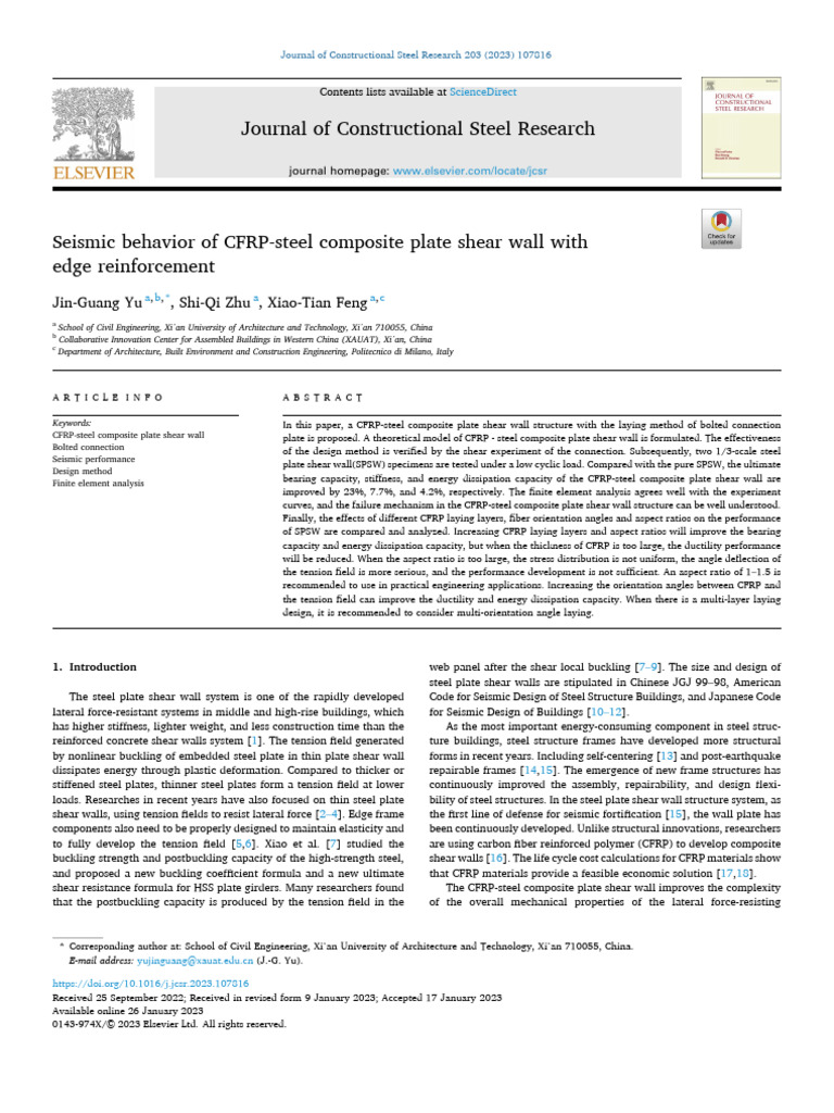 2023 Yu Et Al Seismic Behaviour Of Cfrp Pdf Strength Of Materials Composite Material