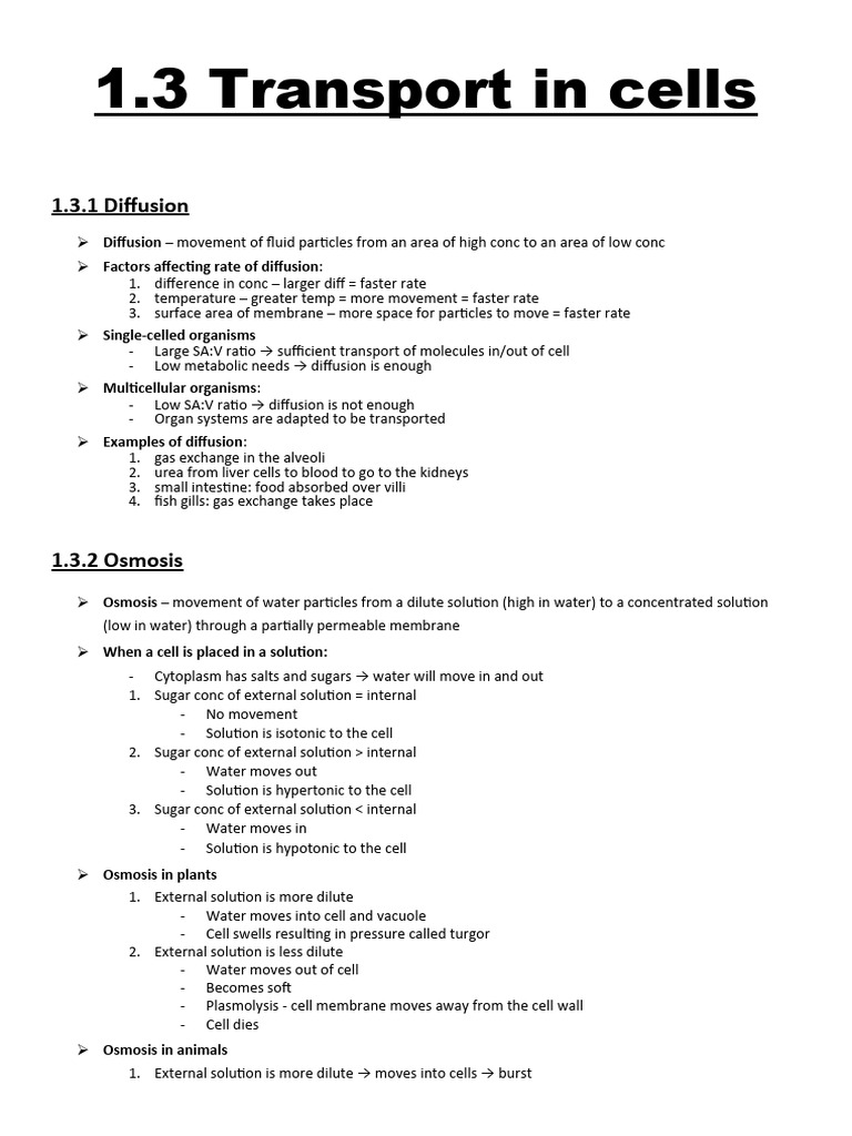 1.3 Transport in Cells | PDF | Osmosis | Diffusion