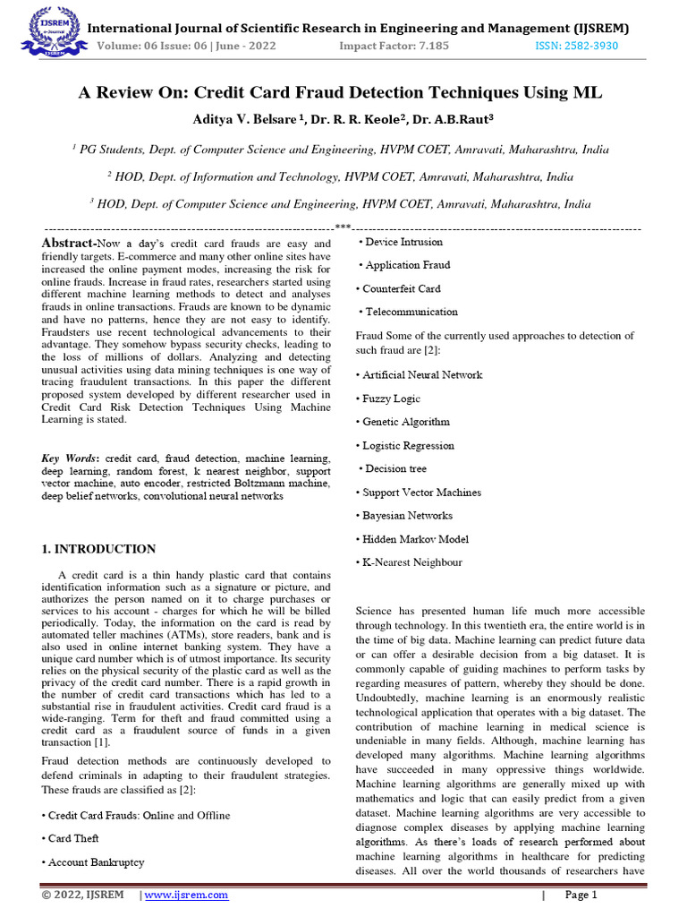 A Review On Credit Card Fraud Detection Techniques Using ML | PDF ...
