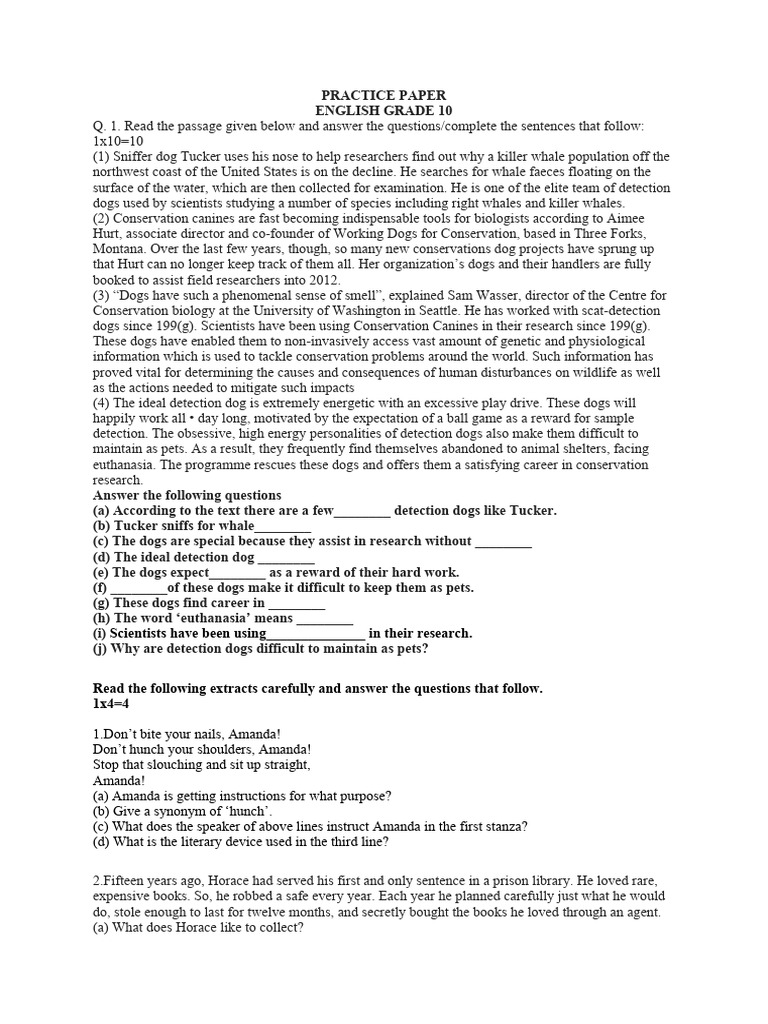 Practice Paper Grade 10 | PDF | Dogs | Animals And Humans