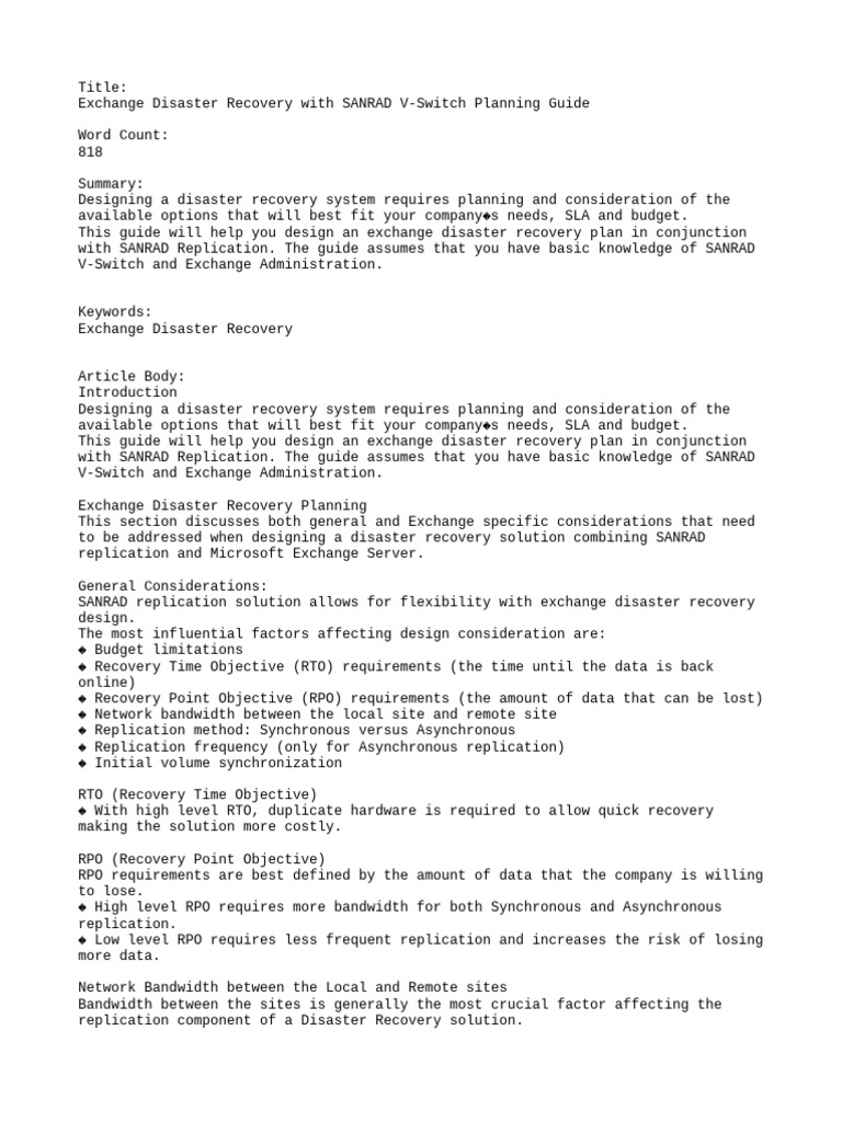 Exchange Disaster Recovery With SANRAD V-Switch Planning Guide | PDF ...