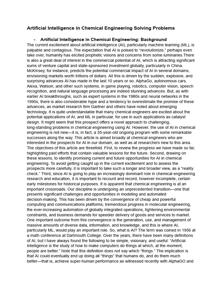 Artificial Intelligence in Chemical Engineering Solving Problems | PDF ...