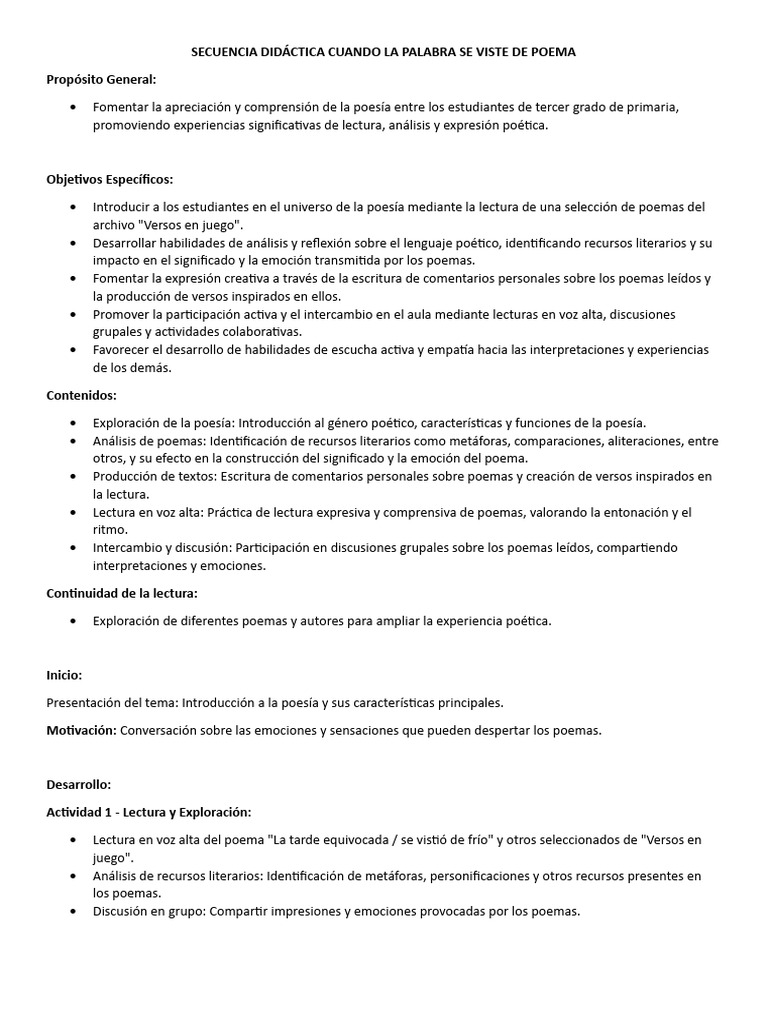 Poesía para Tercer Grado: Secuencia Didáctica | PDF | Poesía ...