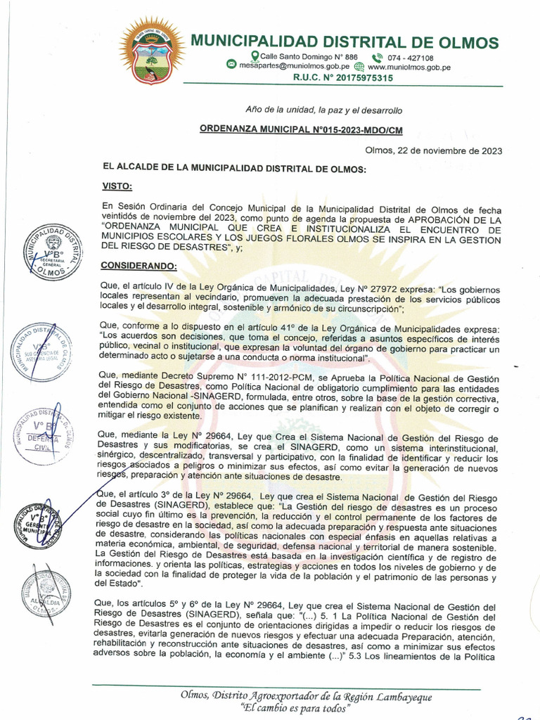 Ordenanza Municipal #015-2023-MDOCM Crea e Institucionaliza El Encuentro de Municipios Escolares ...