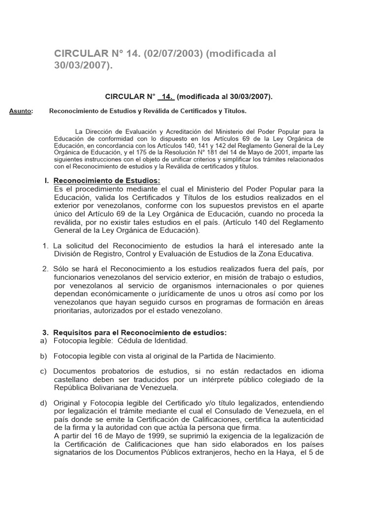 CIRCULAR #14 Reconocimiento de Estudios y Reválida de Certificados y ...
