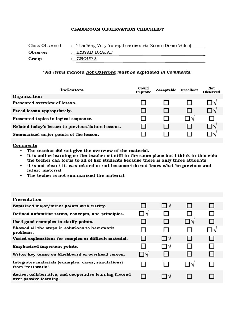 Classroom Observation Checklist for Zoom Teaching | PDF | Question ...