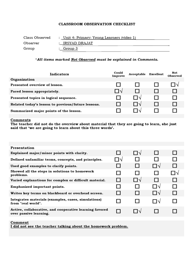 Classroom Observation Checklist for Young Learners | PDF | Question ...