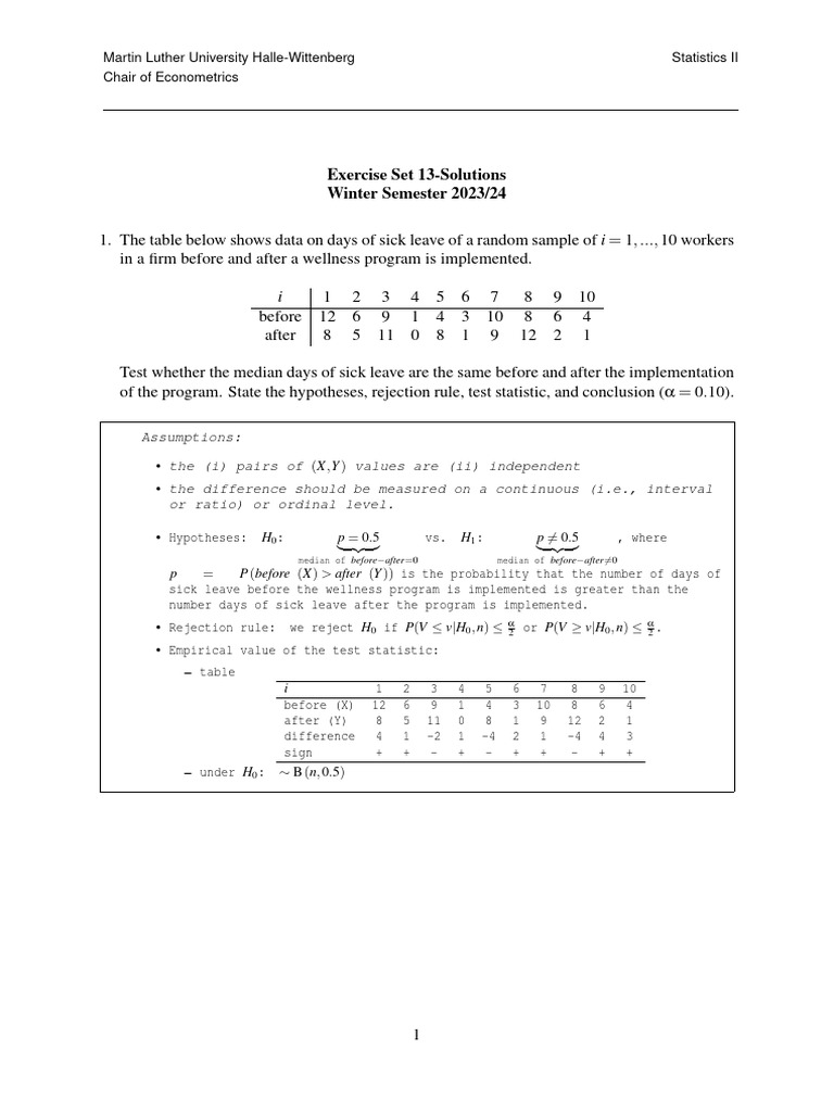 13 Stat2 Exercise Set 13 Solutions | PDF | Hypothesis | Null Hypothesis