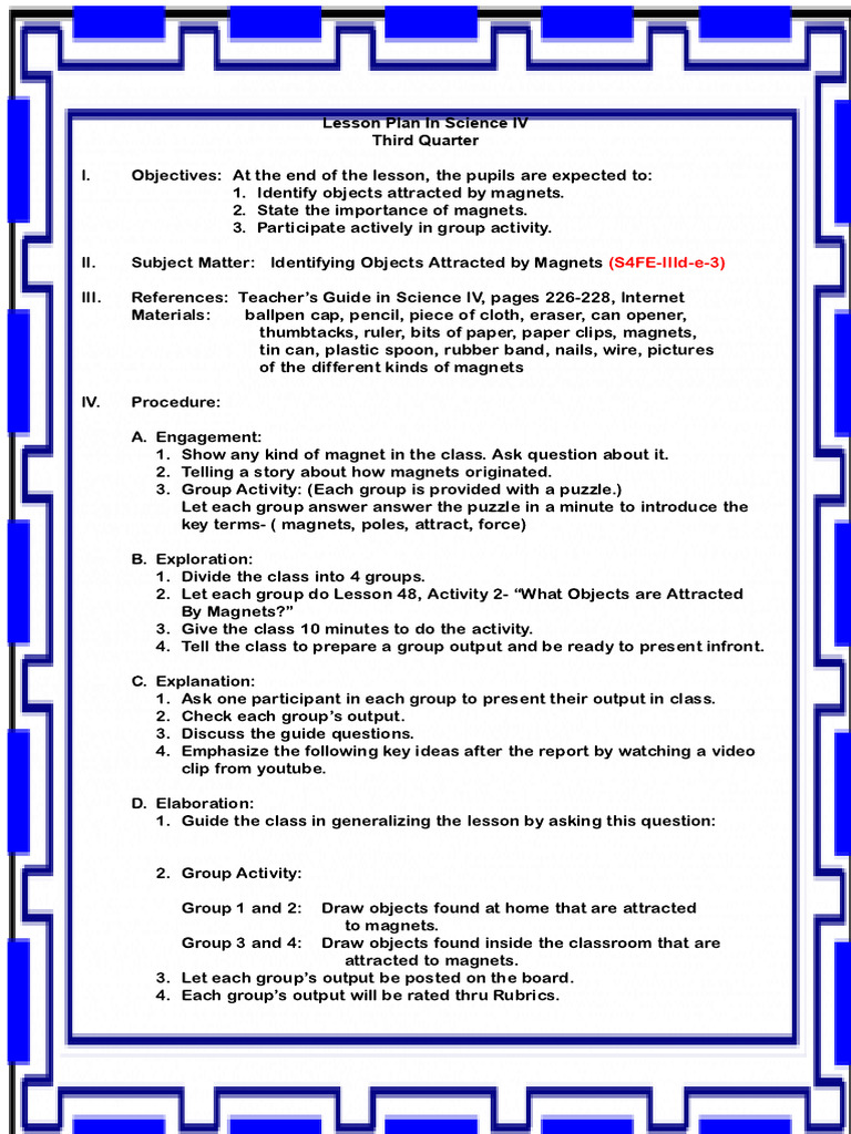 Science IV Lesson Plan: Magnets | PDF | Lesson Plan | Magnet