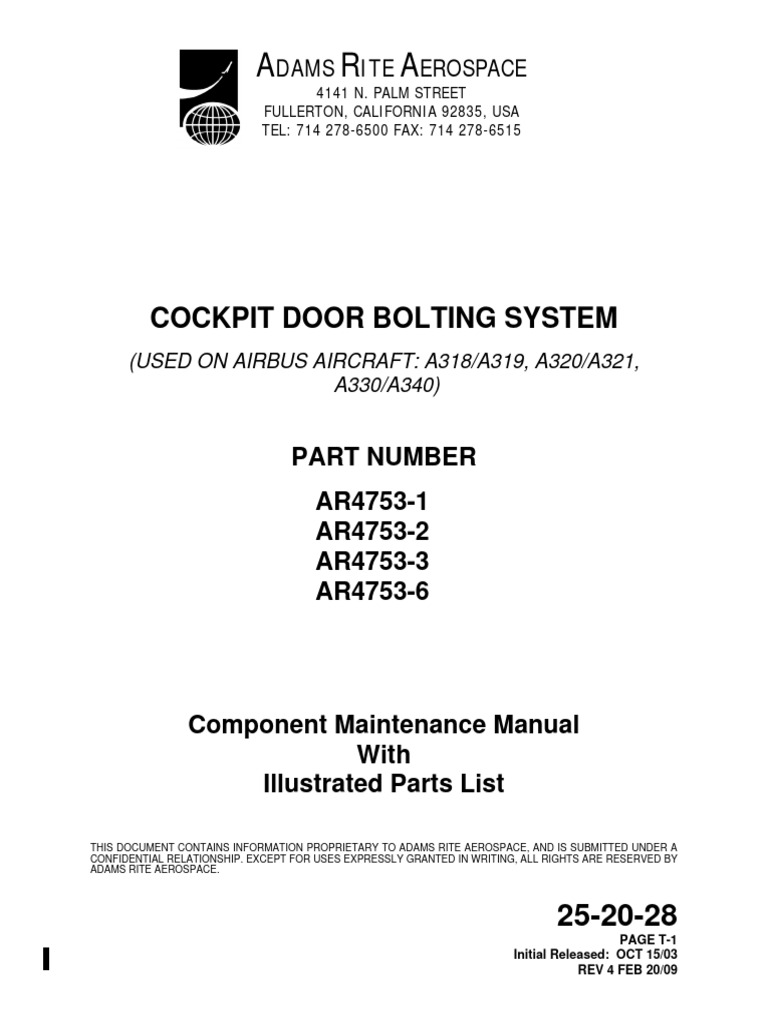 Cockpit Door Bolting System: Part Number AR4753-1 AR4753-2 AR4753-3 ...