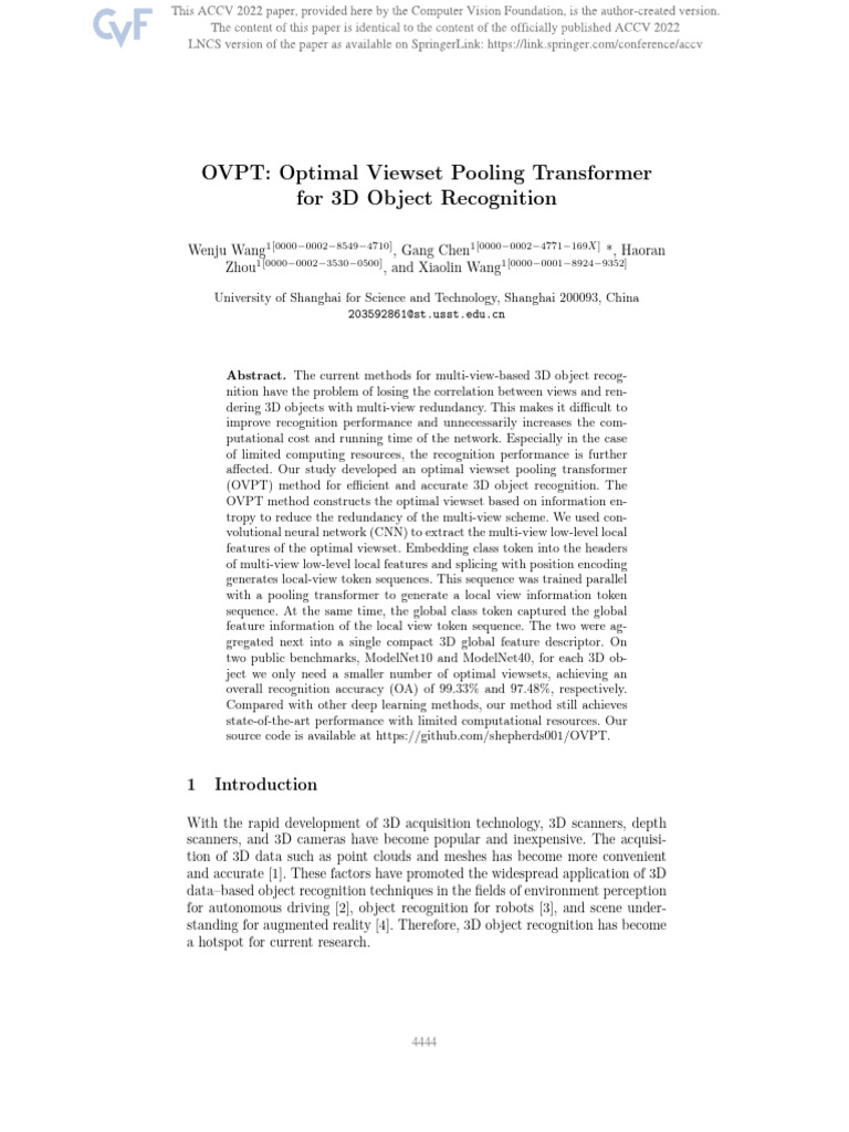 Wang OVPT Optimal Viewset Pooling Transformer For 3D Object Recognition ACCV 2022 Paper | PDF ...
