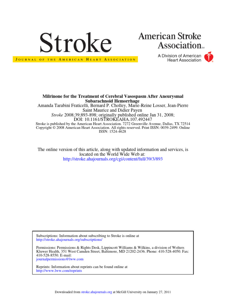 Vasospasm Milrinone Payen | PDF | Blood Pressure | Medical Specialties