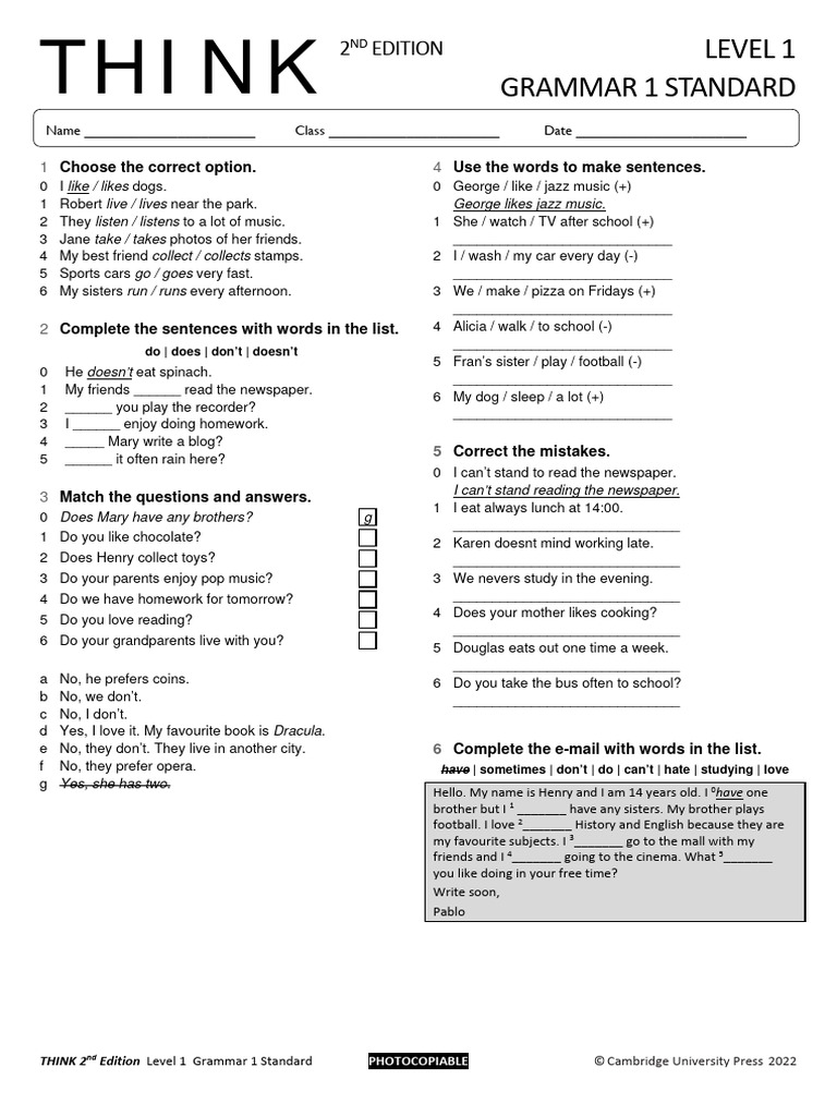 Thk2e BrE L1 Grammar Standard Unit 1 | PDF